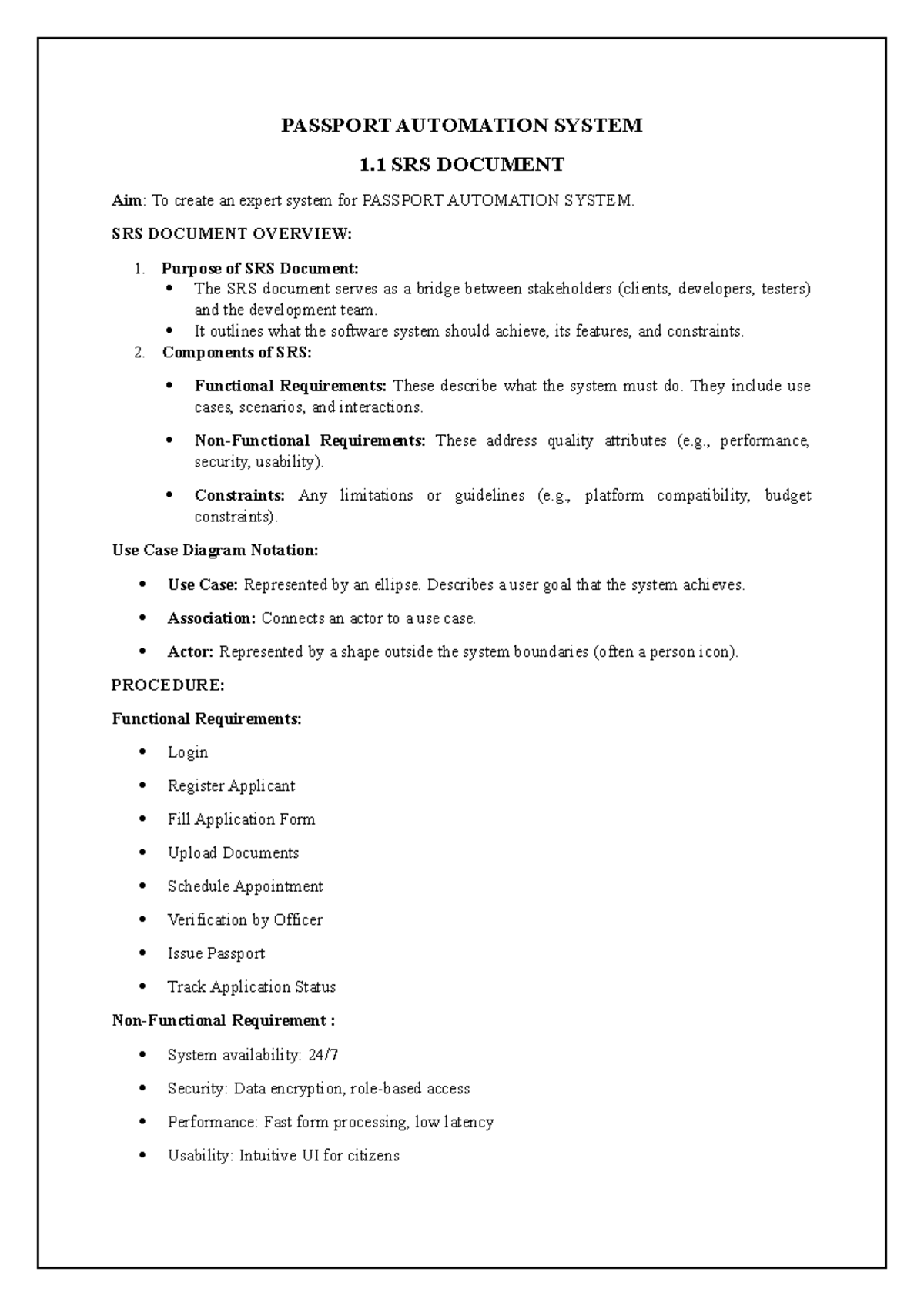 PASSPORT AUTOMATION SYSTEM 1.1 SRS & DESIGN ANALYSIS DOCUMENT - Studocu
