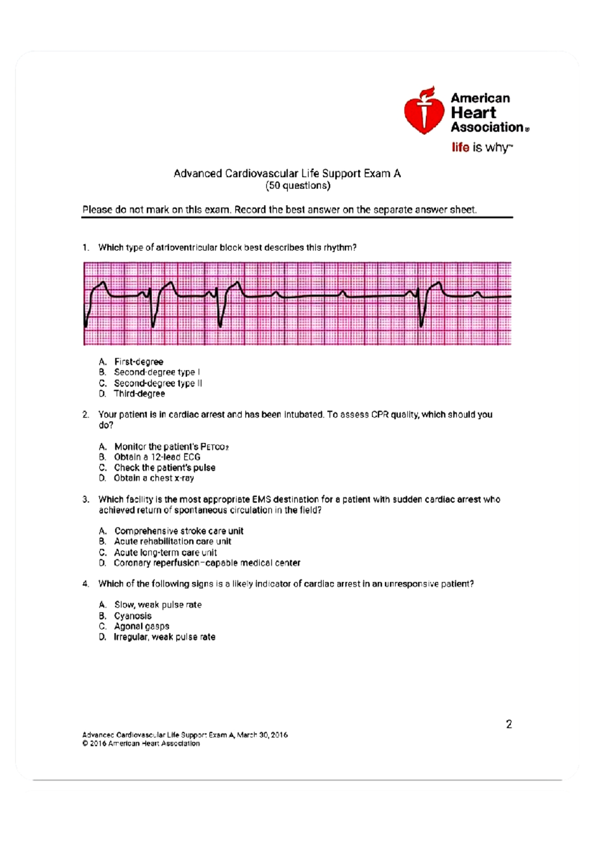 ACLS Exam A (50 Questions) - American Heart Association - Studocu