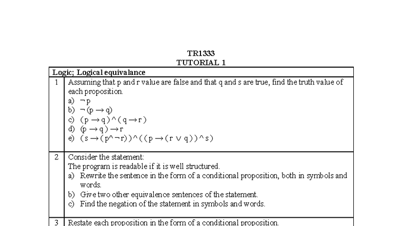 TTTR1333 Discrete Math Tutorial 1: Logical Equivalence & Propositions ...