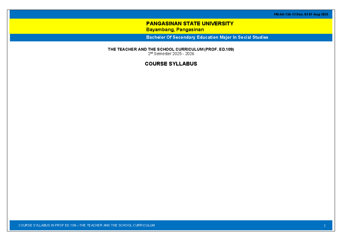 Prof. Ed. 109 Syllabus: The Teacher and the School Curriculum - Studocu