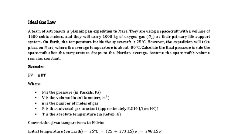 Ideal Gas Law Calculation for Mars Expedition (Physics 101) - Studocu