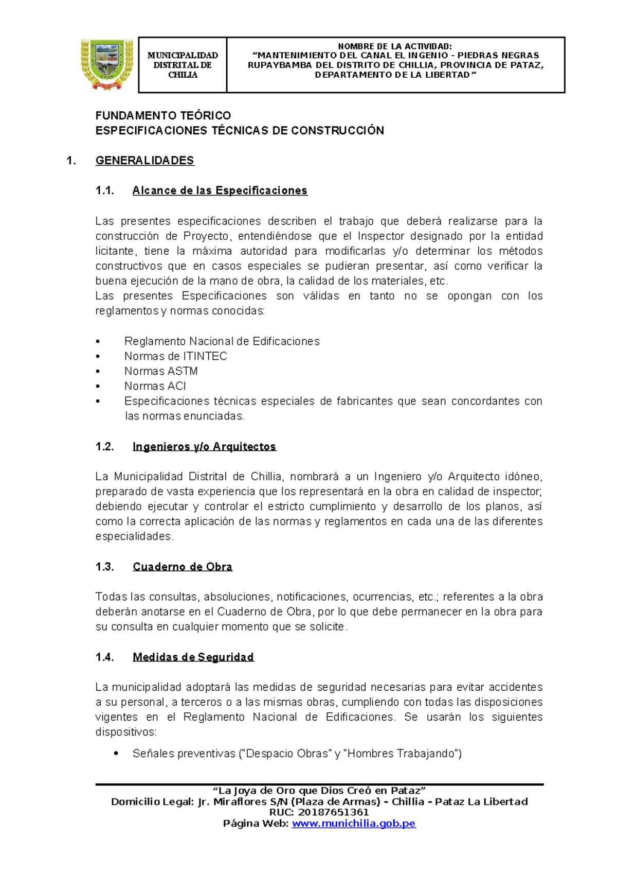 Especificaciones Técnicas para el Canal El Ingenio - Chillia - Studocu
