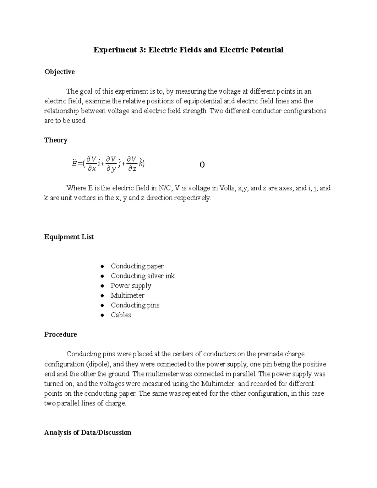 PHYS 221 Lab 3 - PHYS 221 Lab 3 - Experiment 3: Electric Fields and ...
