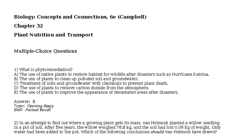 CC6 32 Test Bank - Plant Nutrition and Transport Questions - Studocu