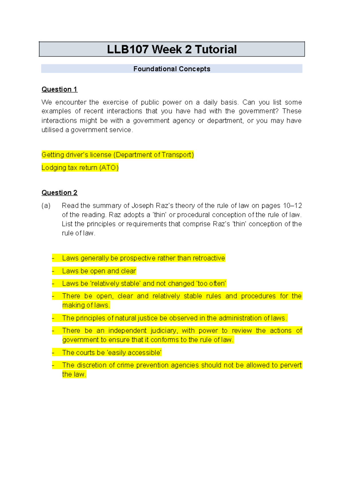 LLB107 Week 2 Tutorial: Exploring the Rule of Law Concepts - Studocu