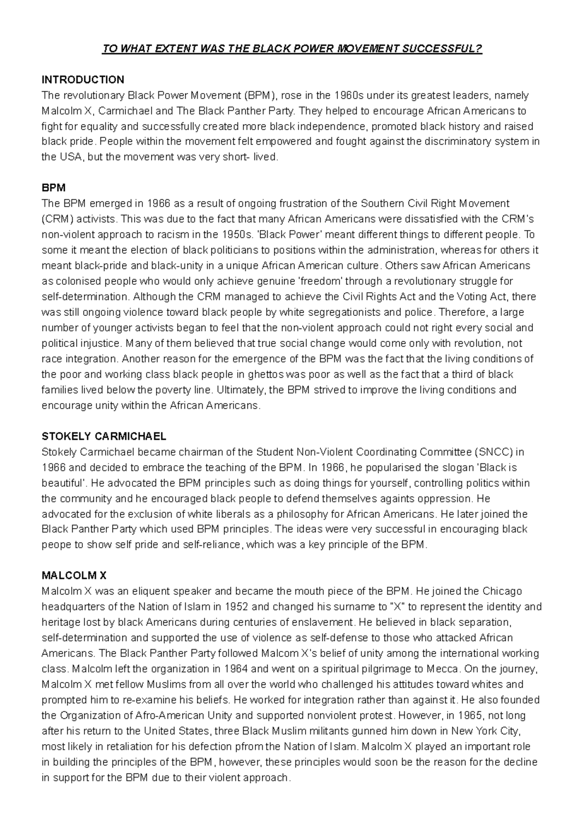 Black Power Movement: Success and Impact Analysis - Studocu