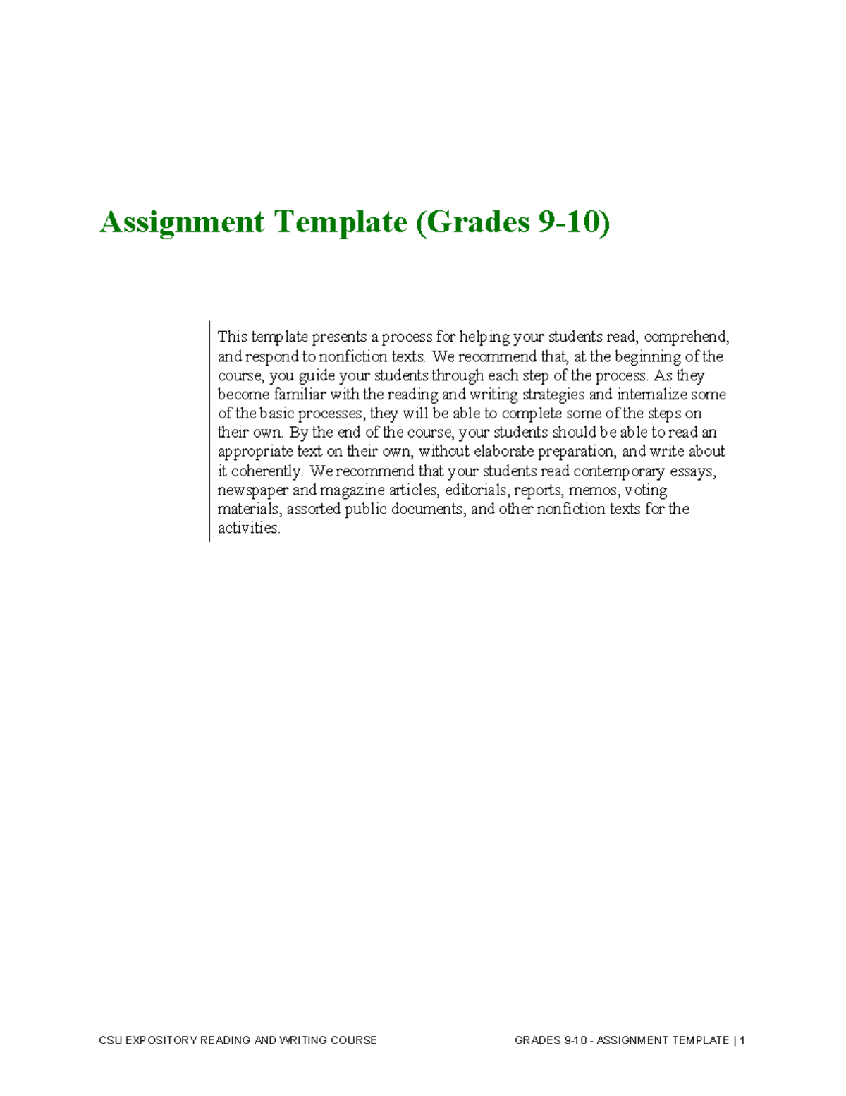 Assignment Template for Grades 9-10: Reading & Writing Strategies - Studocu
