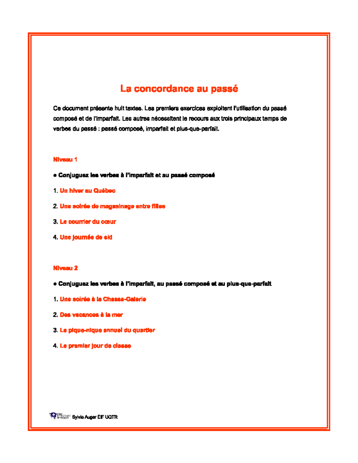 La concordance au passé : Exercices de conjugaison - ÉIF UQTR - Studocu