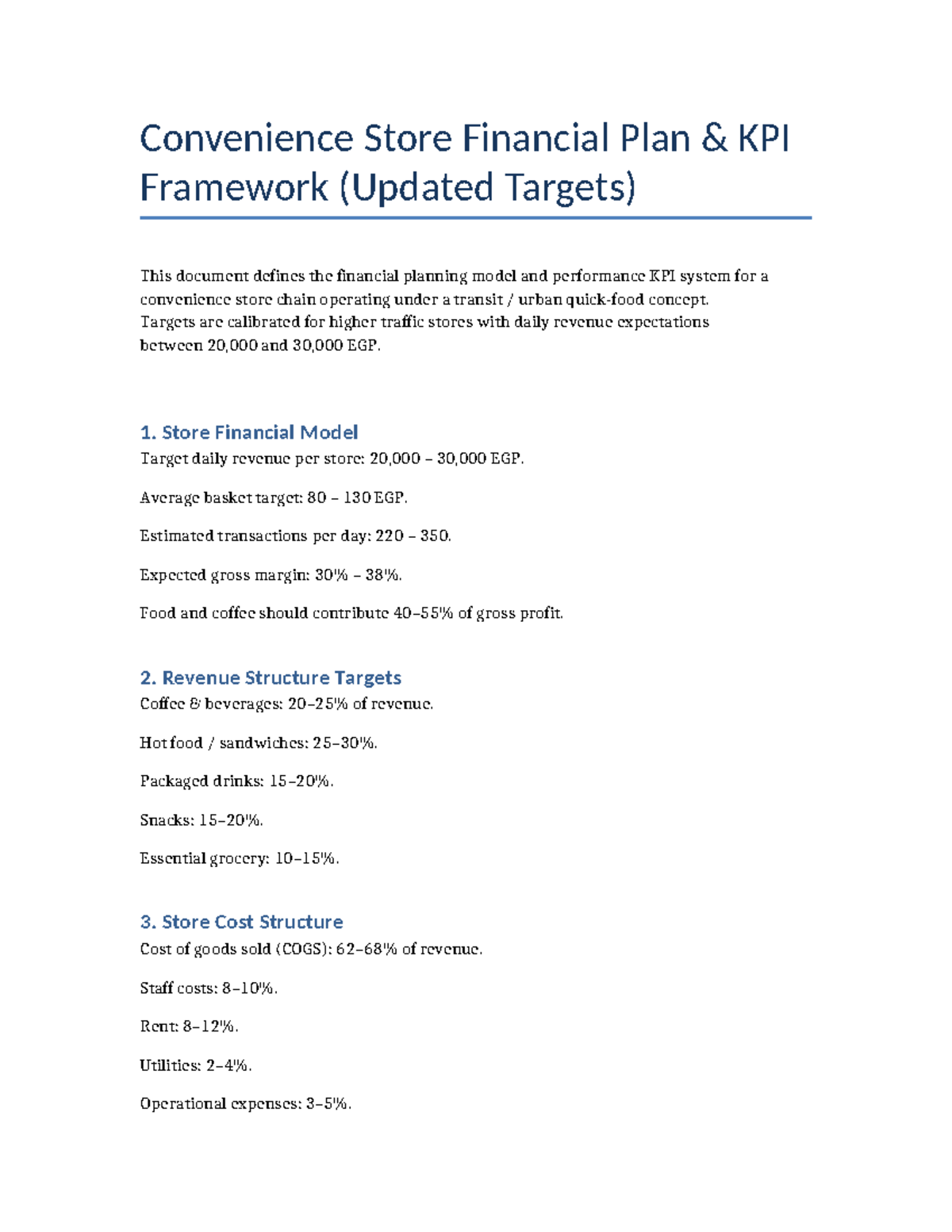 Convenience Store Financial Plan KPI Framework (Updated Targets) - Studocu
