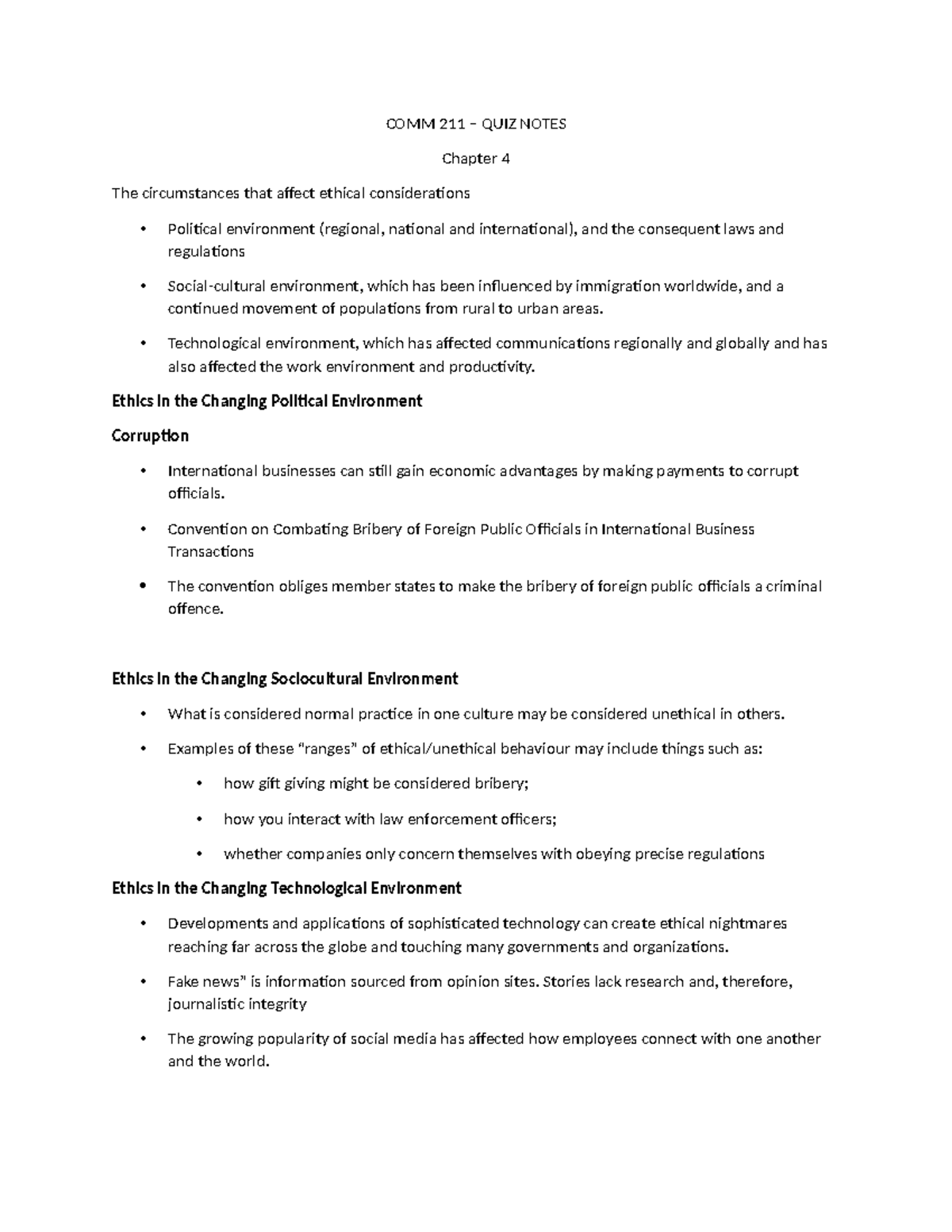 COMM 211 QUIZ 2 Notes: Ethical Considerations and Entry Modes - Studocu