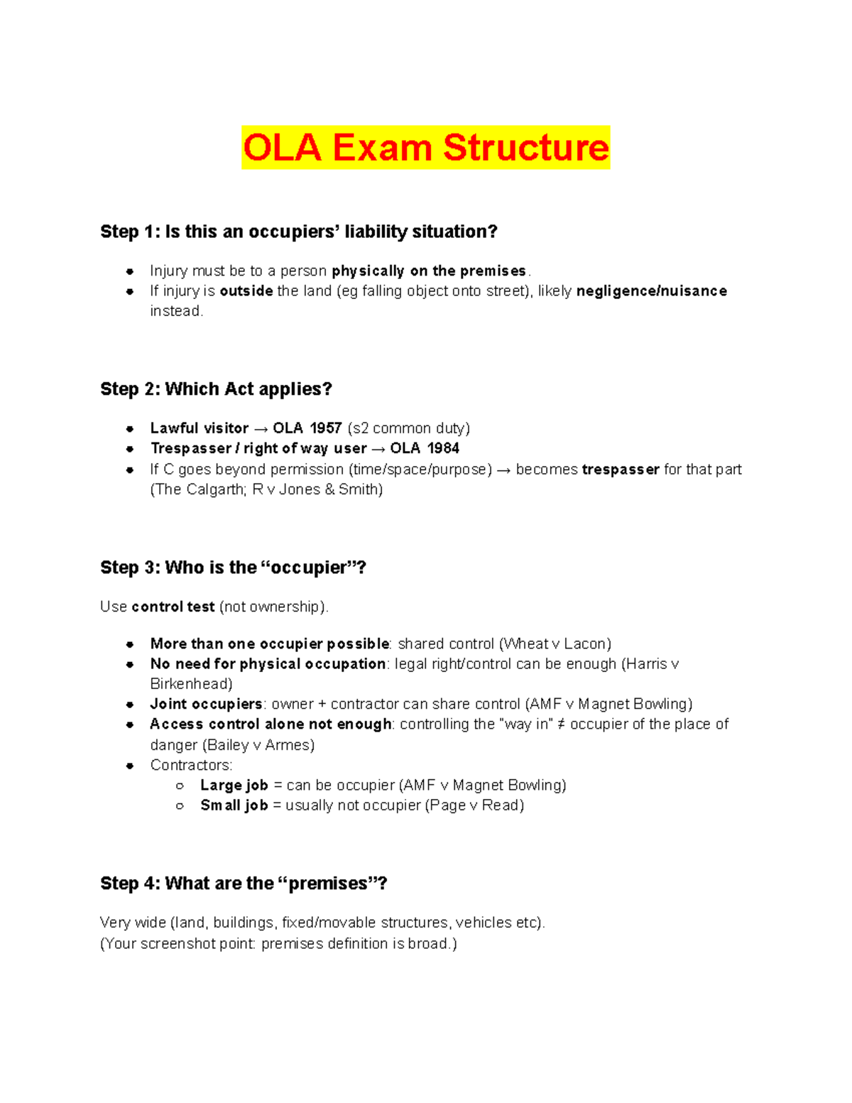OLA Problem Question Structure with Case Law Analysis - Studocu