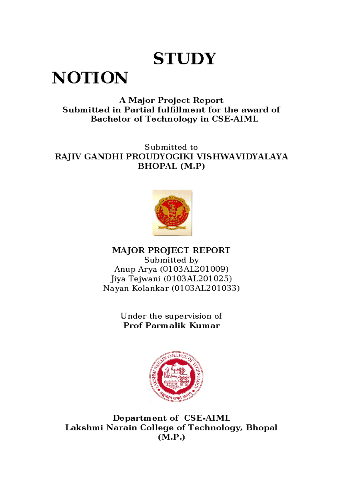 Study Notion - Major Project Report for CSE-AIML (B.Tech 2022-23) - Studocu
