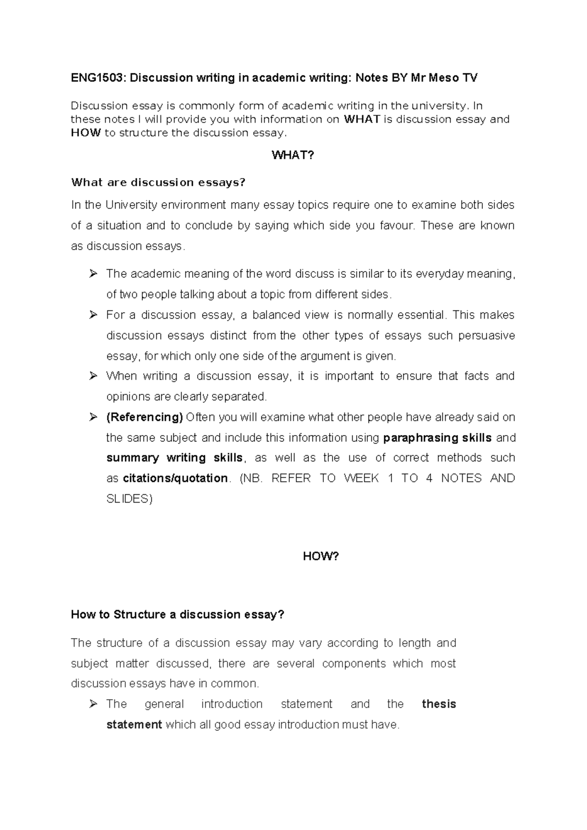 ENG1503: Discussion Essay Writing Guide and Structure Notes - Studocu