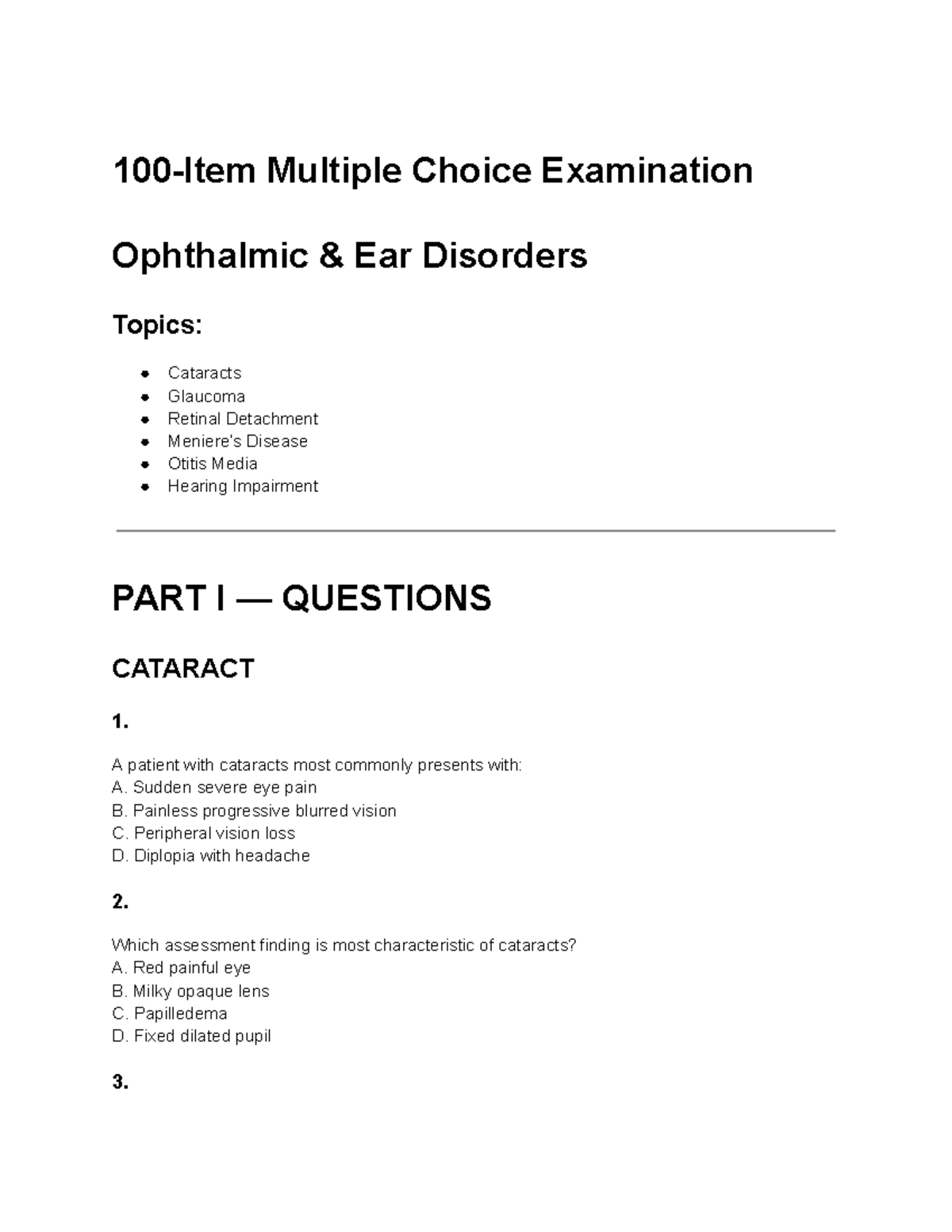 Visual and Hearing Impairment Sample Exam: MCQs on Eye and Ear ...