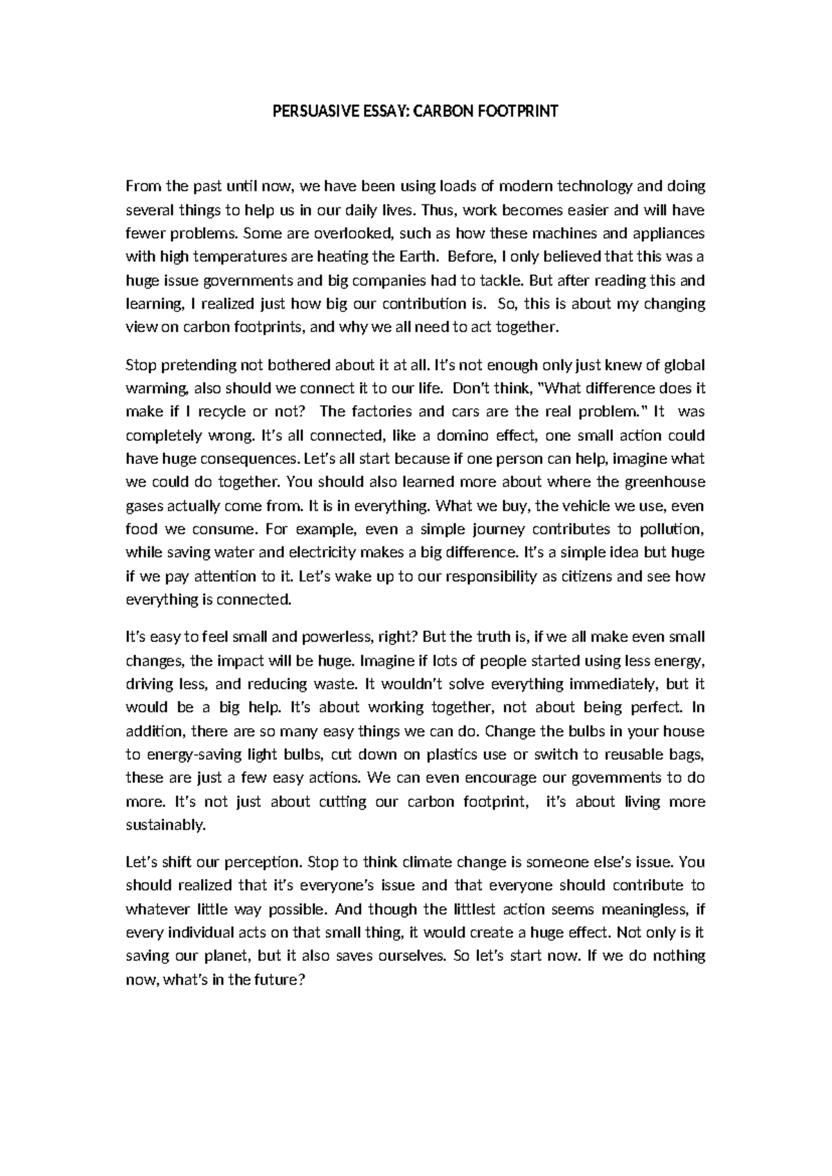 PERSUASIVE ESSAY: CARBON FOOTPRINT - ESSA-WPS Office - Studocu