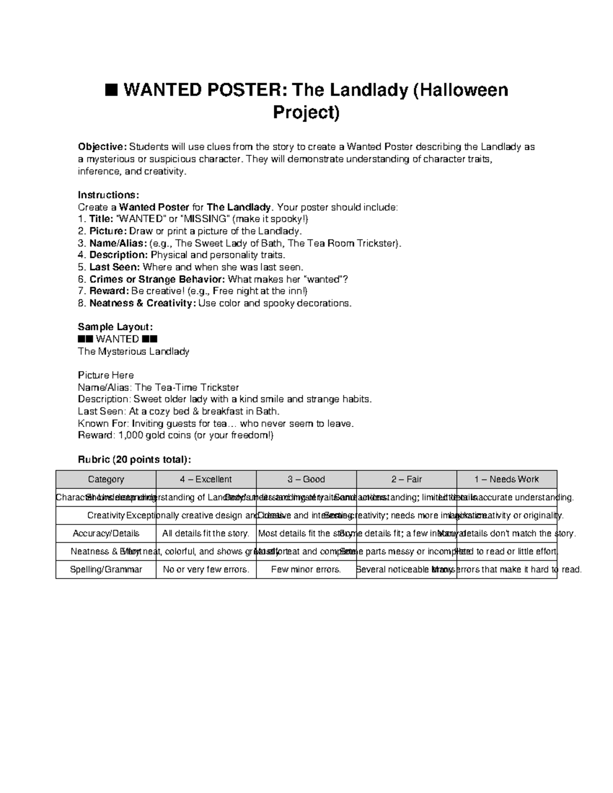 WANTED POSTER: The Mysterious Landlady (Halloween Project) - Studocu