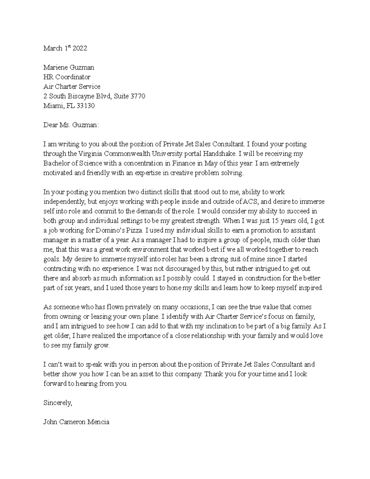 Cover Letter for Private Jet Sales Consultant - BUS 301 - Studocu