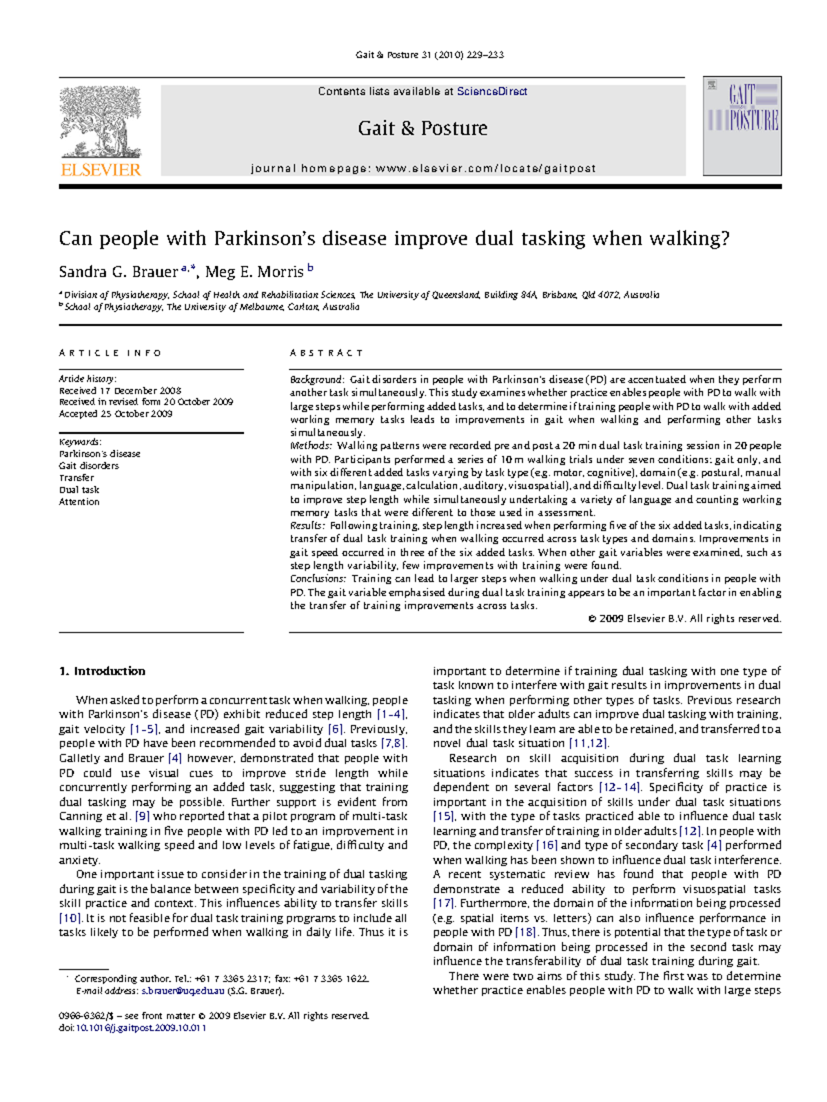 Improving Dual Tasking in Parkinson's Disease: Gait Training Insights ...