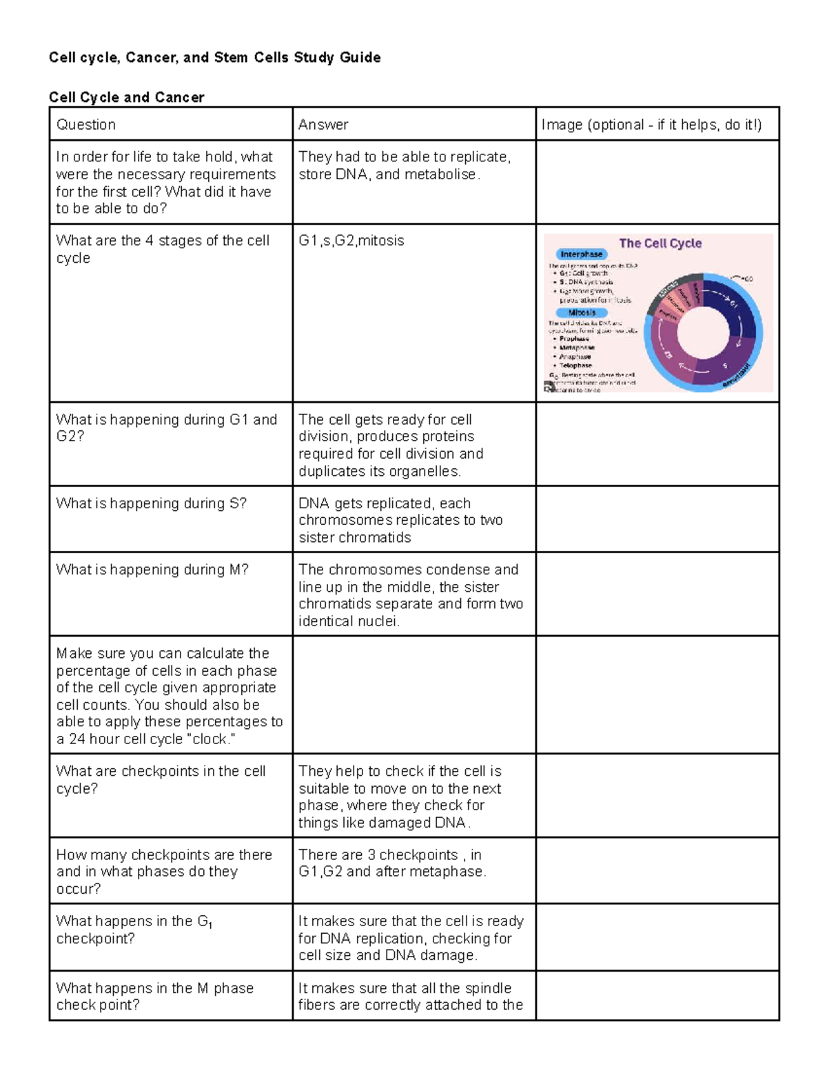 Cell Cycle and Stem Cells Study Guide - Exam Review (BIO 101) - Studocu