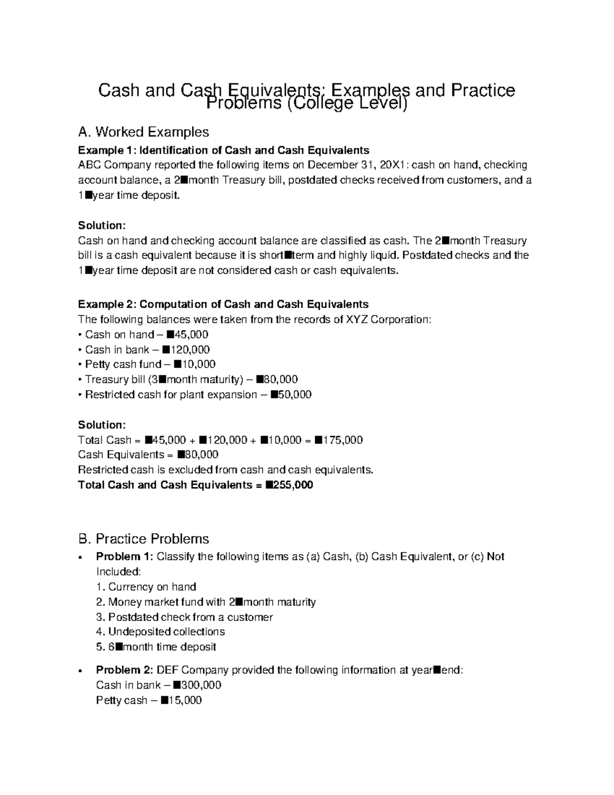 Cash and Cash Equivalents: Examples & Practice Problems (College) - Studocu