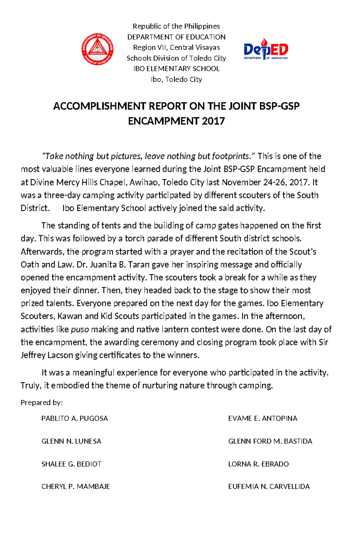 Joint BSP-GSP Encampment 2017 Accomplishment Report - Studocu