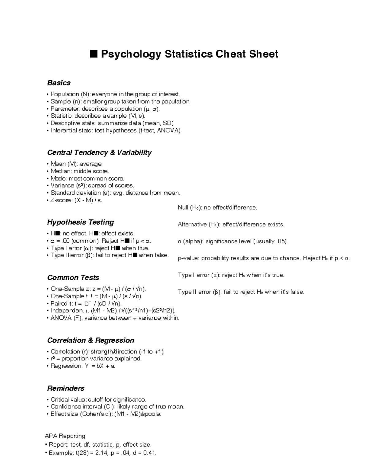 Psychology Statistics Cheat Sheet: Key Concepts & Formulas - Studocu
