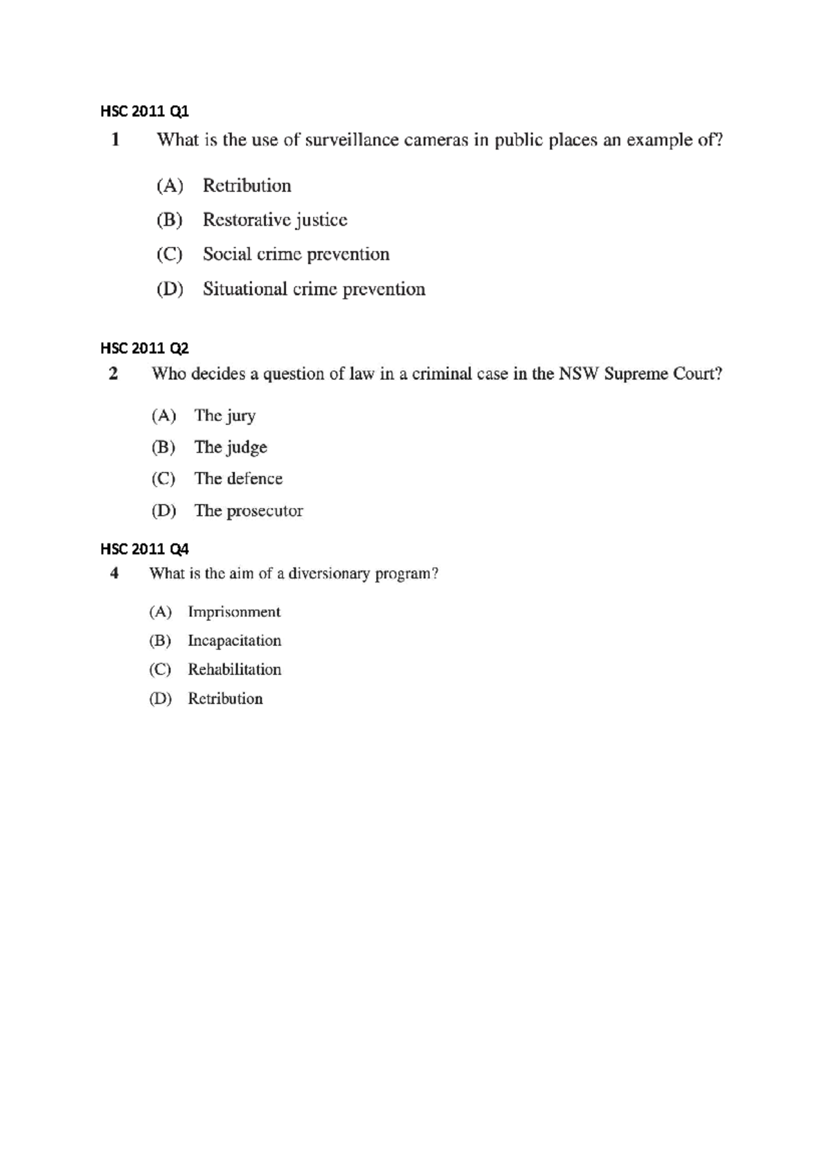 HSC Legal Studies MC Questions - Crime (2011-2015) - Studocu