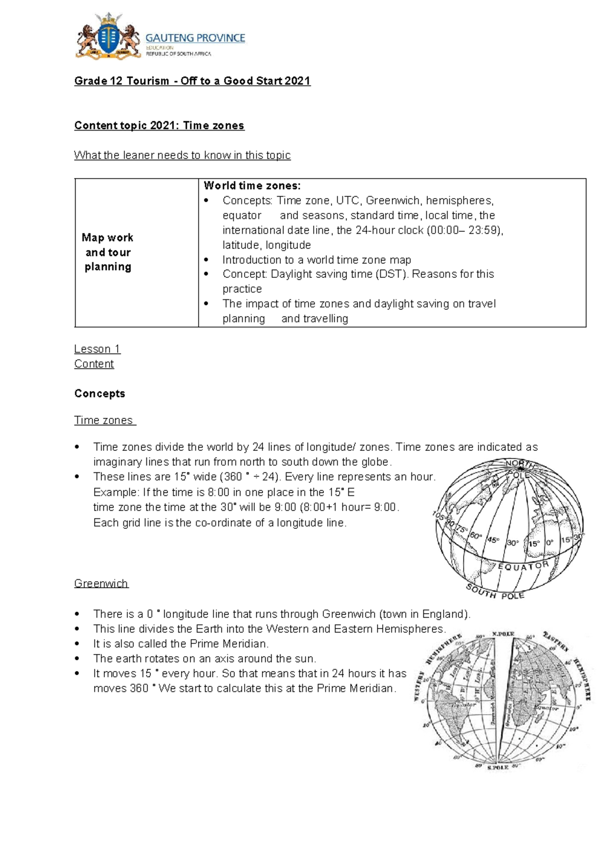 Tourism Grade 12 Term 1 Week 10: Understanding Time Zones - Studocu