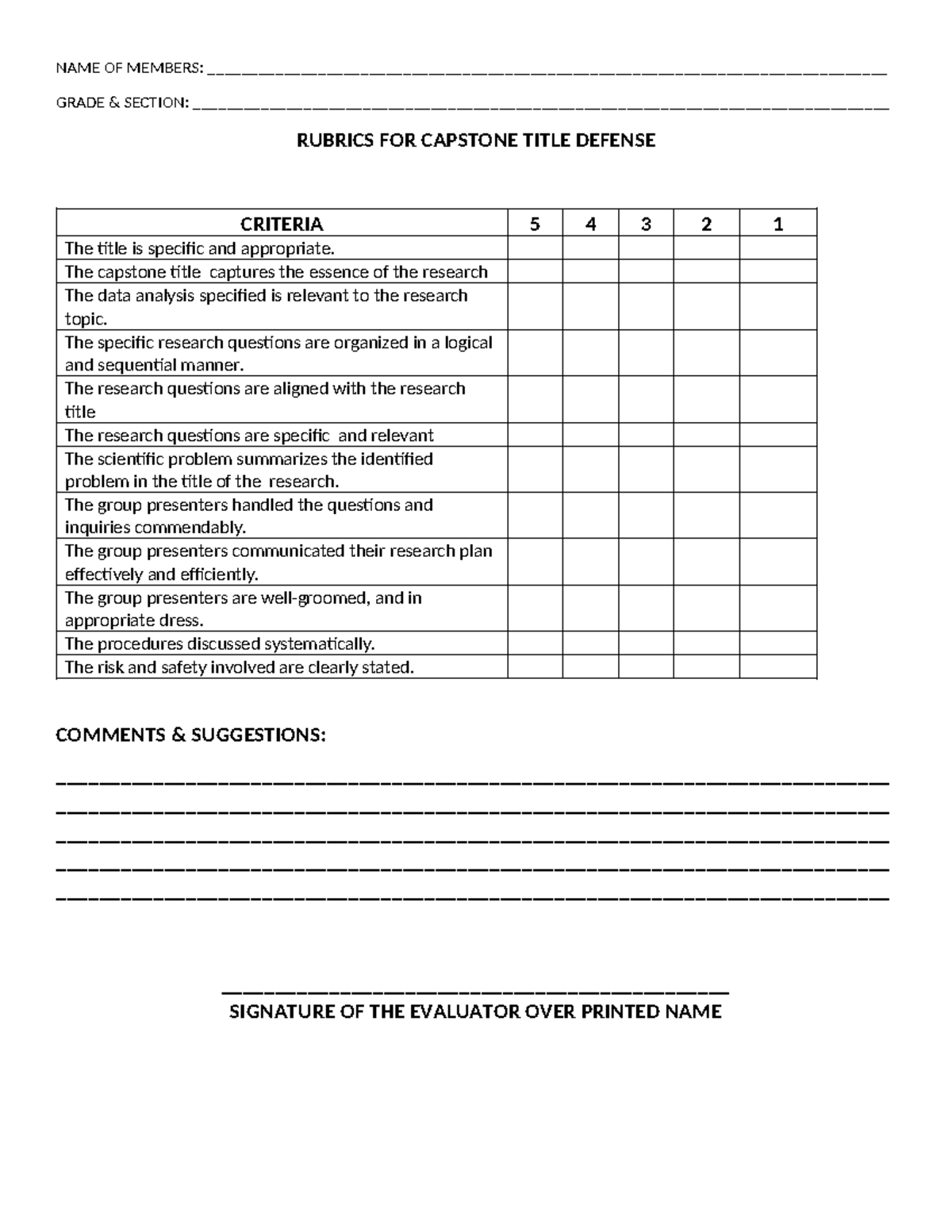 Rubrics for Capstone Title Defense Evaluation Criteria - Studocu