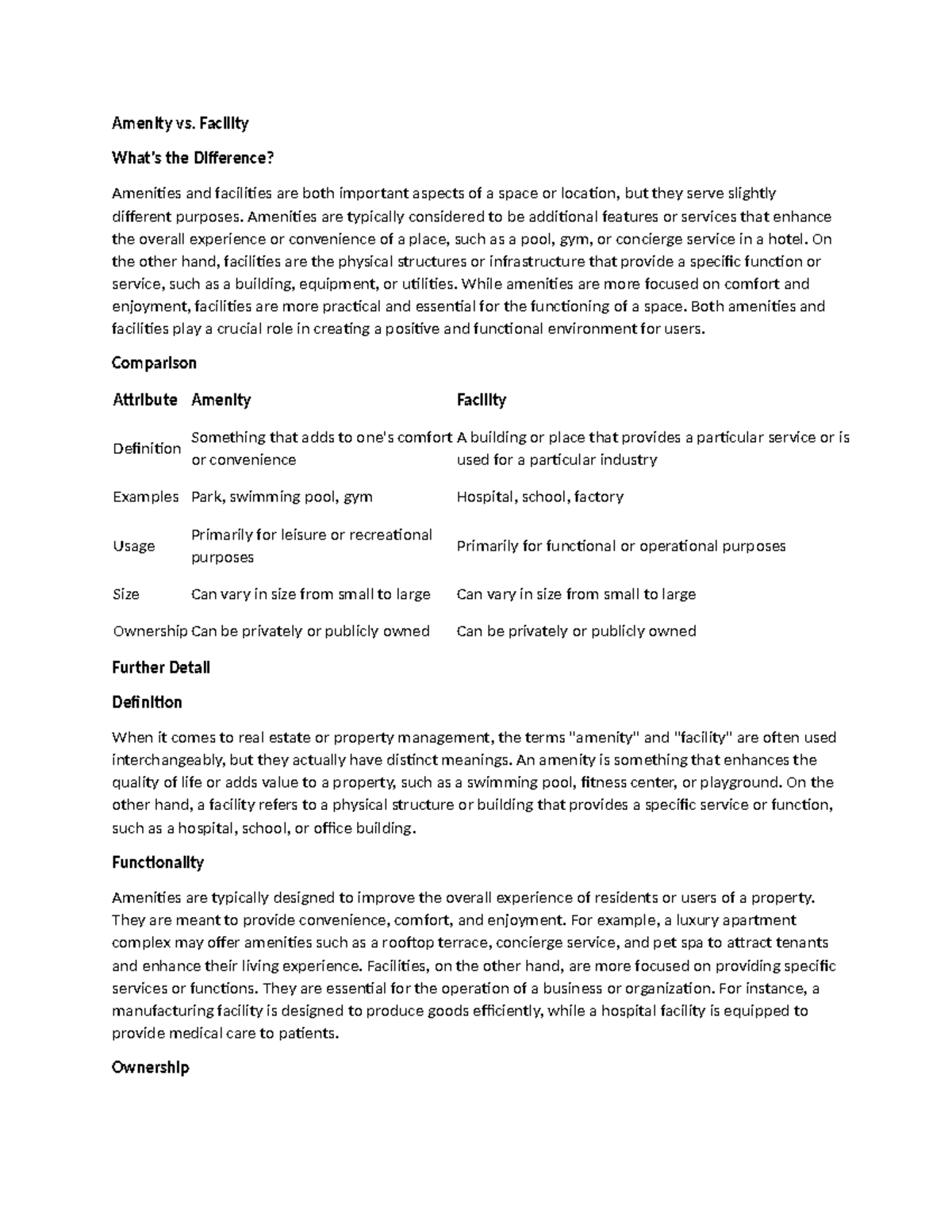 Understanding Amenities vs. Facilities: Key Differences Explained - Studocu