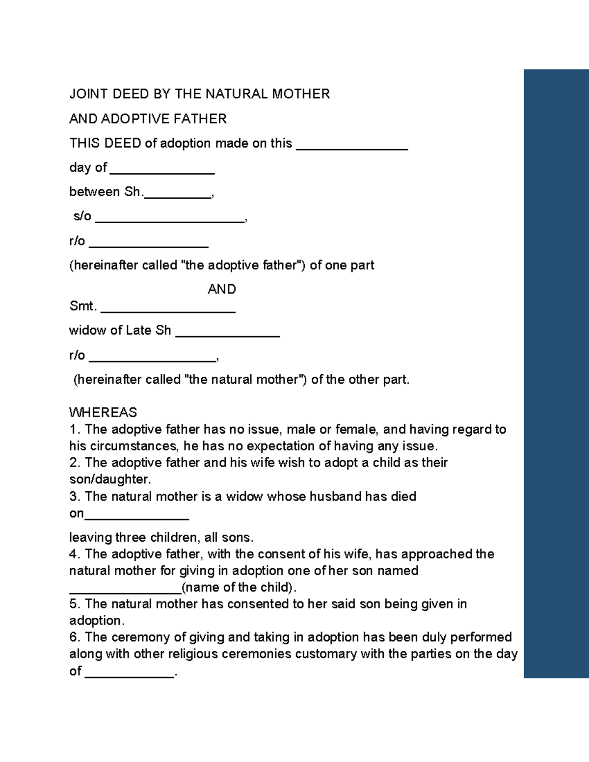 Joint Deed of Adoption Between Natural Mother & Adoptive Father - Studocu