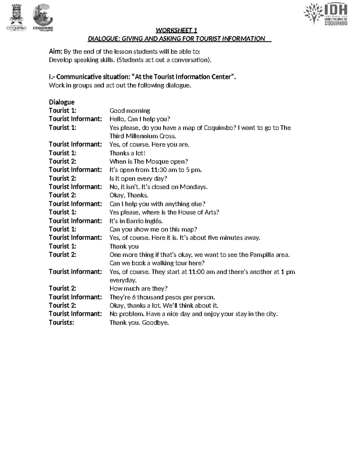 Worksheet 1: Dialogue on Tourist Info & Speaking Skills Practice - Studocu