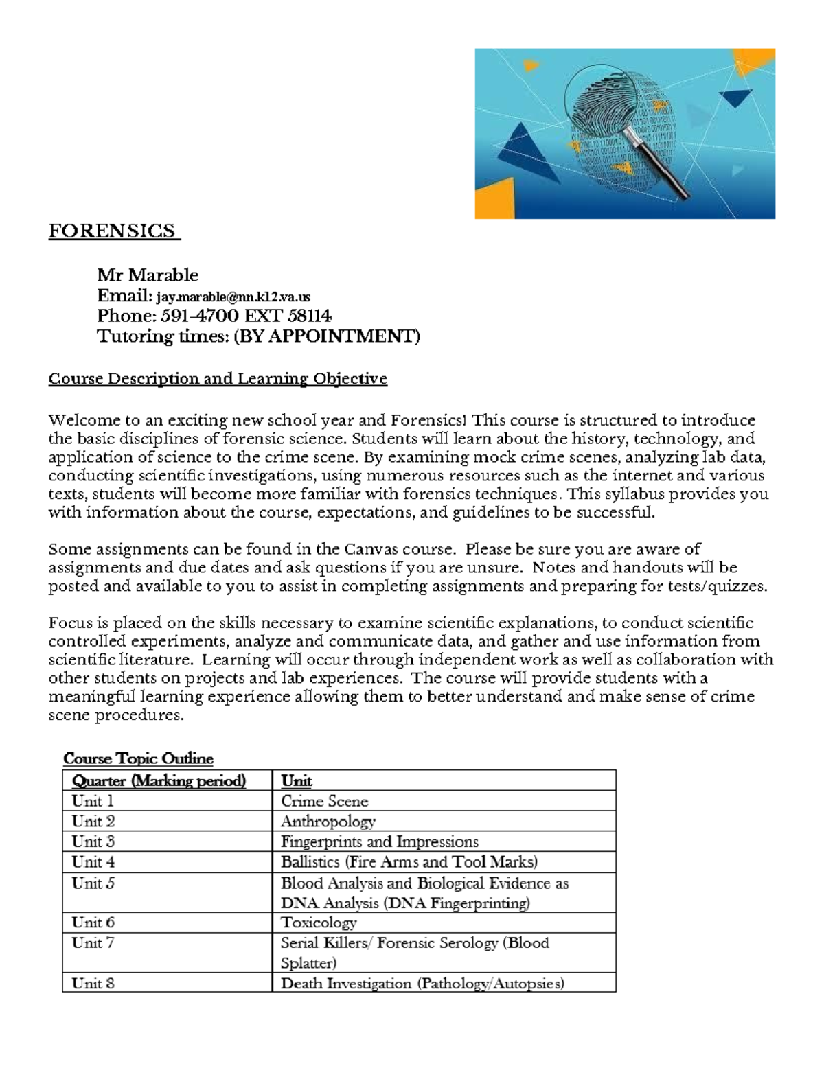 Forensic Science Course Syllabus - Mr. Marable (2023-2024) - Studocu
