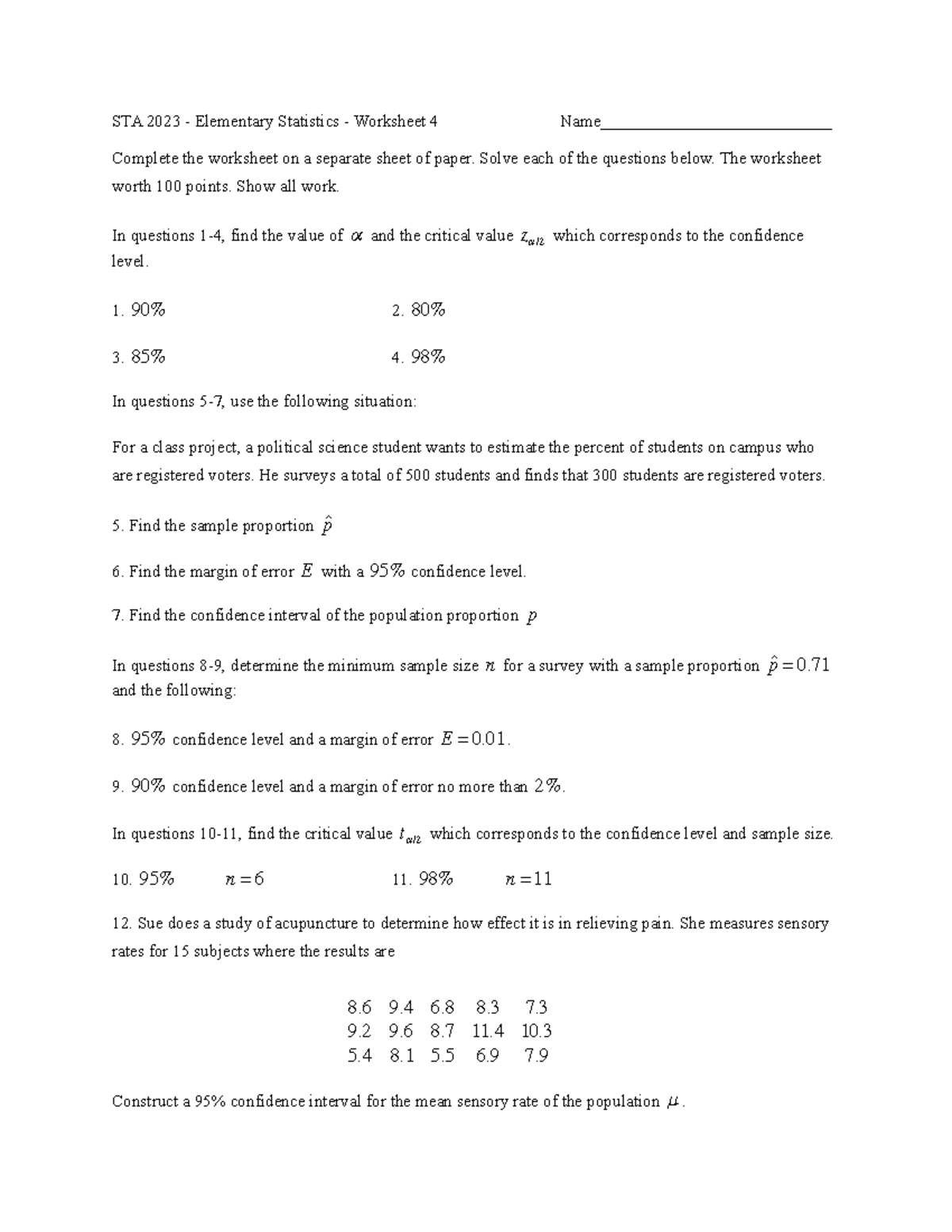STA 2023 - Elementary Statistics - Worksheet 4 - Studocu