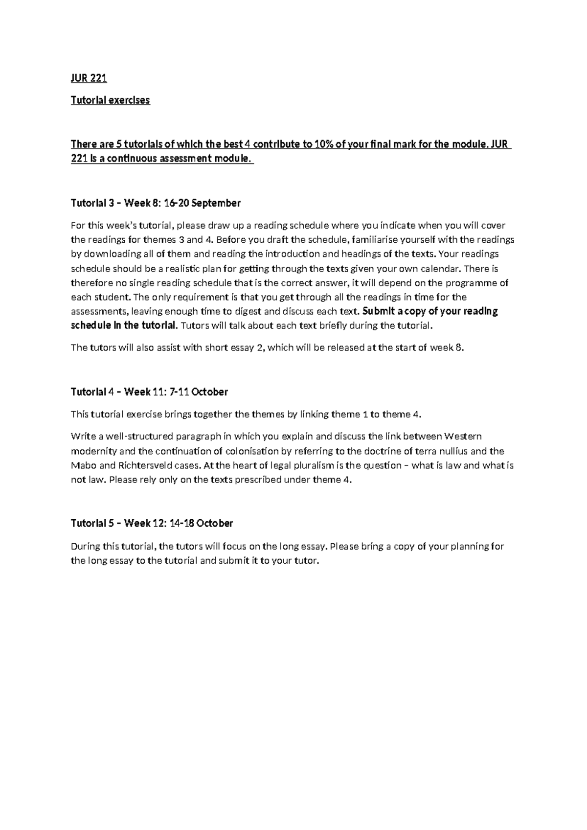JUR 221 - Tutorial Exercises for Weeks 8, 11, and 12 - Studocu