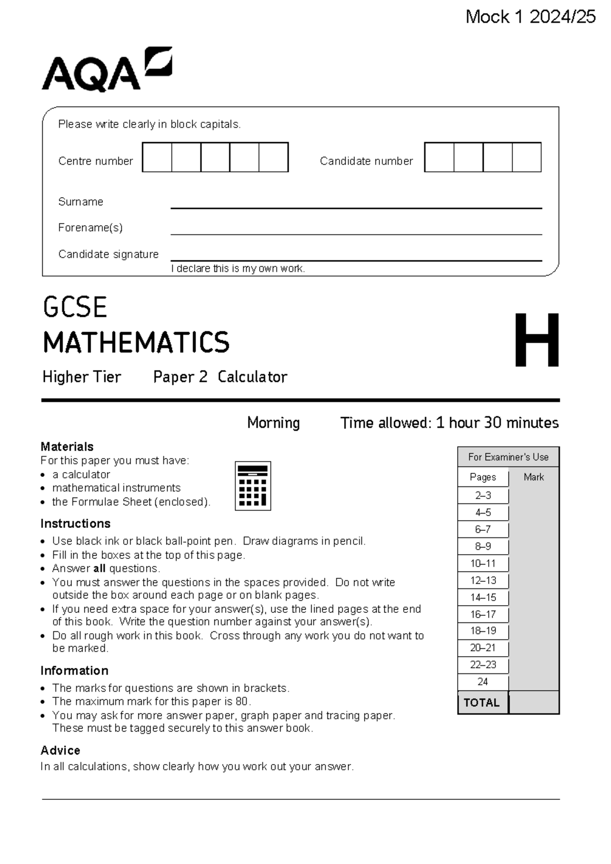 Mock 1 GCSE Mathematics Higher Tier H Paper 2 Calculator - June 2024 ...