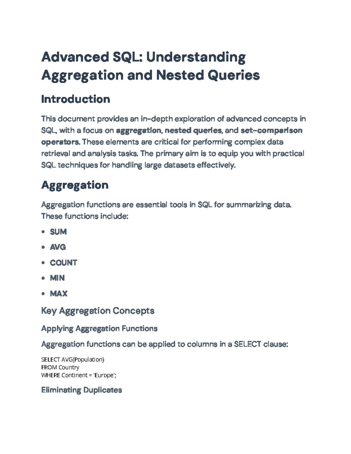 Advanced SQL Techniques (CS101): Aggregation, Nested Queries, & Set-Comparison - Studocu