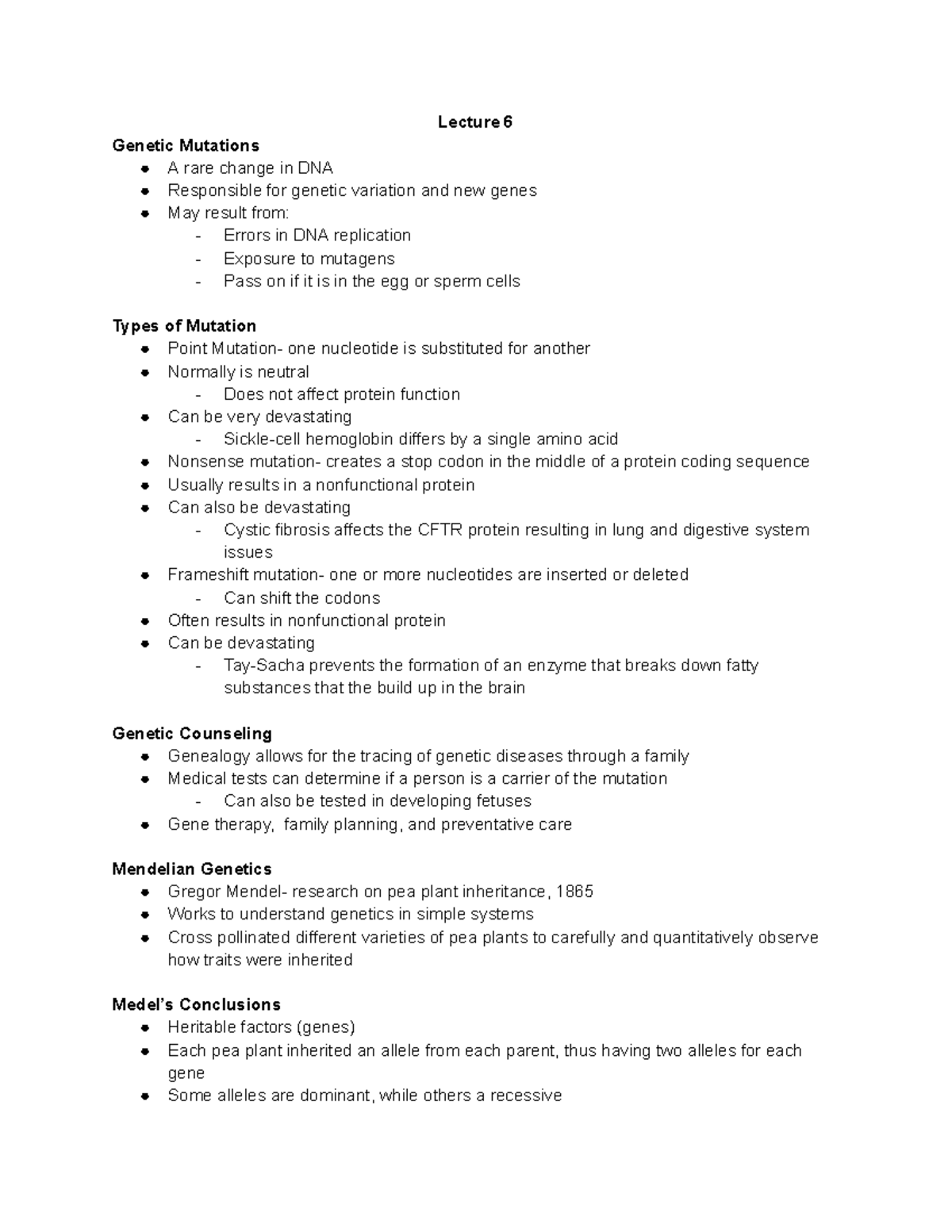 Genetic Inheritance: Lecture 6 on Mutations & Mendelian Genetics - Studocu