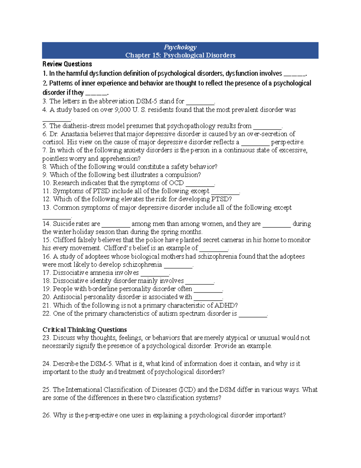 Psychology 101 - Chapter 15: Psychological Disorders Review Questions ...