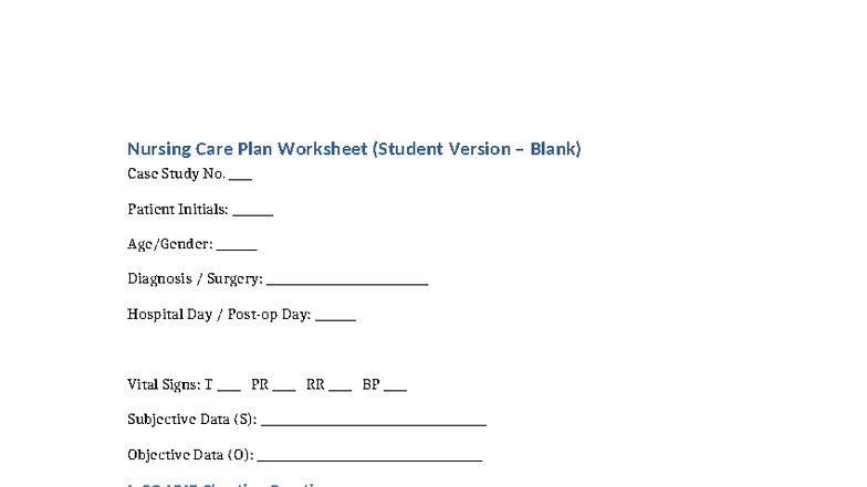 Nursing Care Plan Worksheet Blank - Nursing Care Plan Worksheet ...