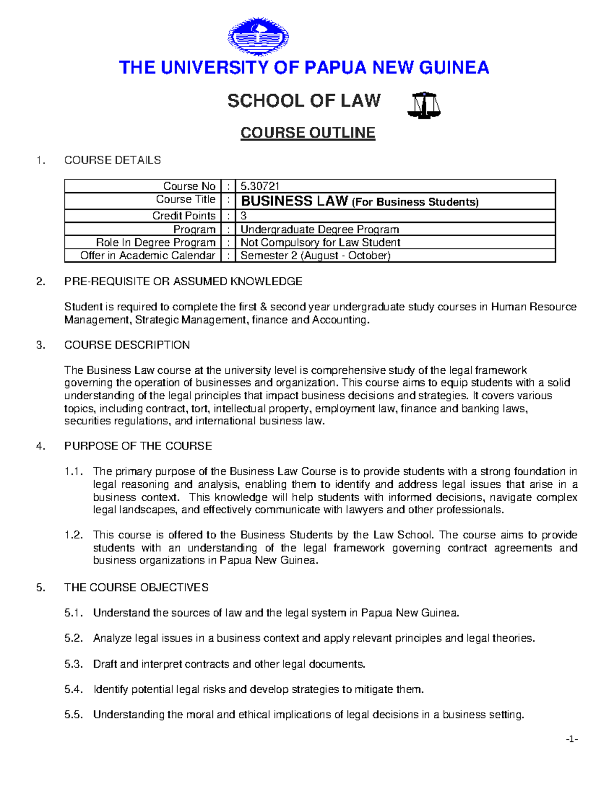 BUS302: 2024 Business Law Course Outline for Business Students - Studocu