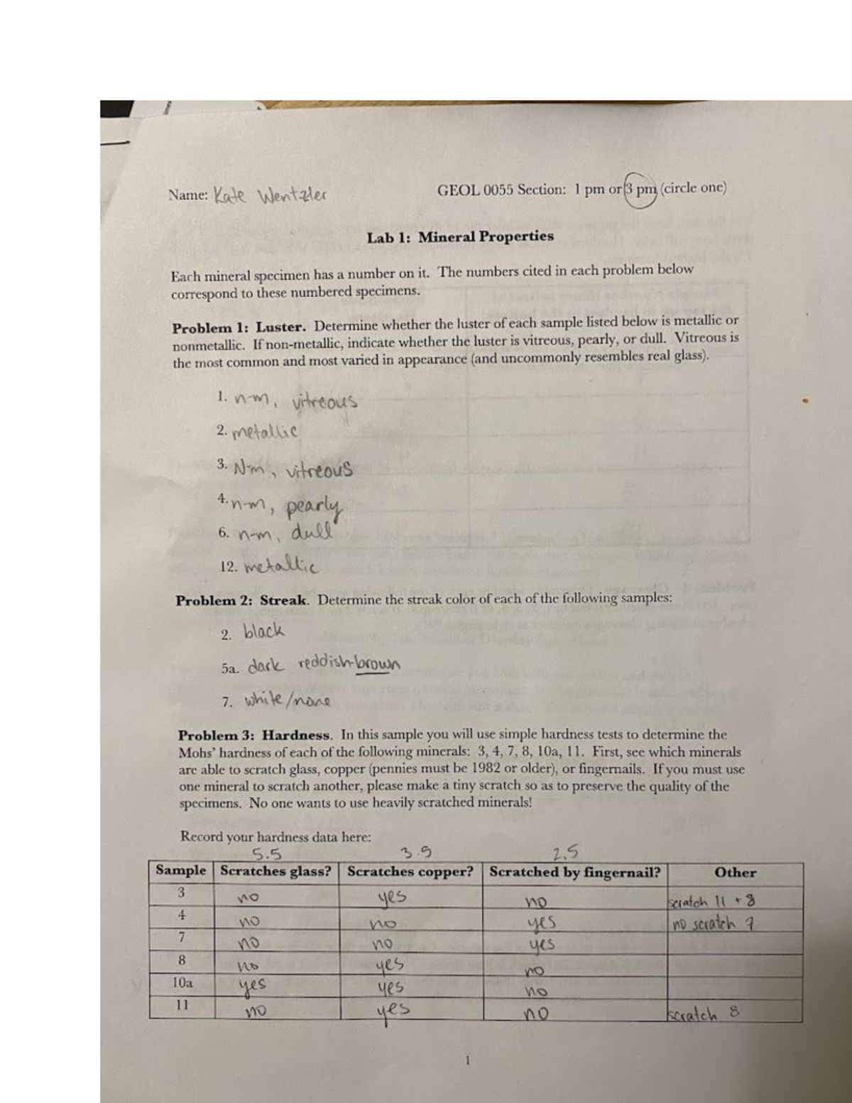 Lab 1: Mineral properties and identification for GEOL 0055 - Studocu