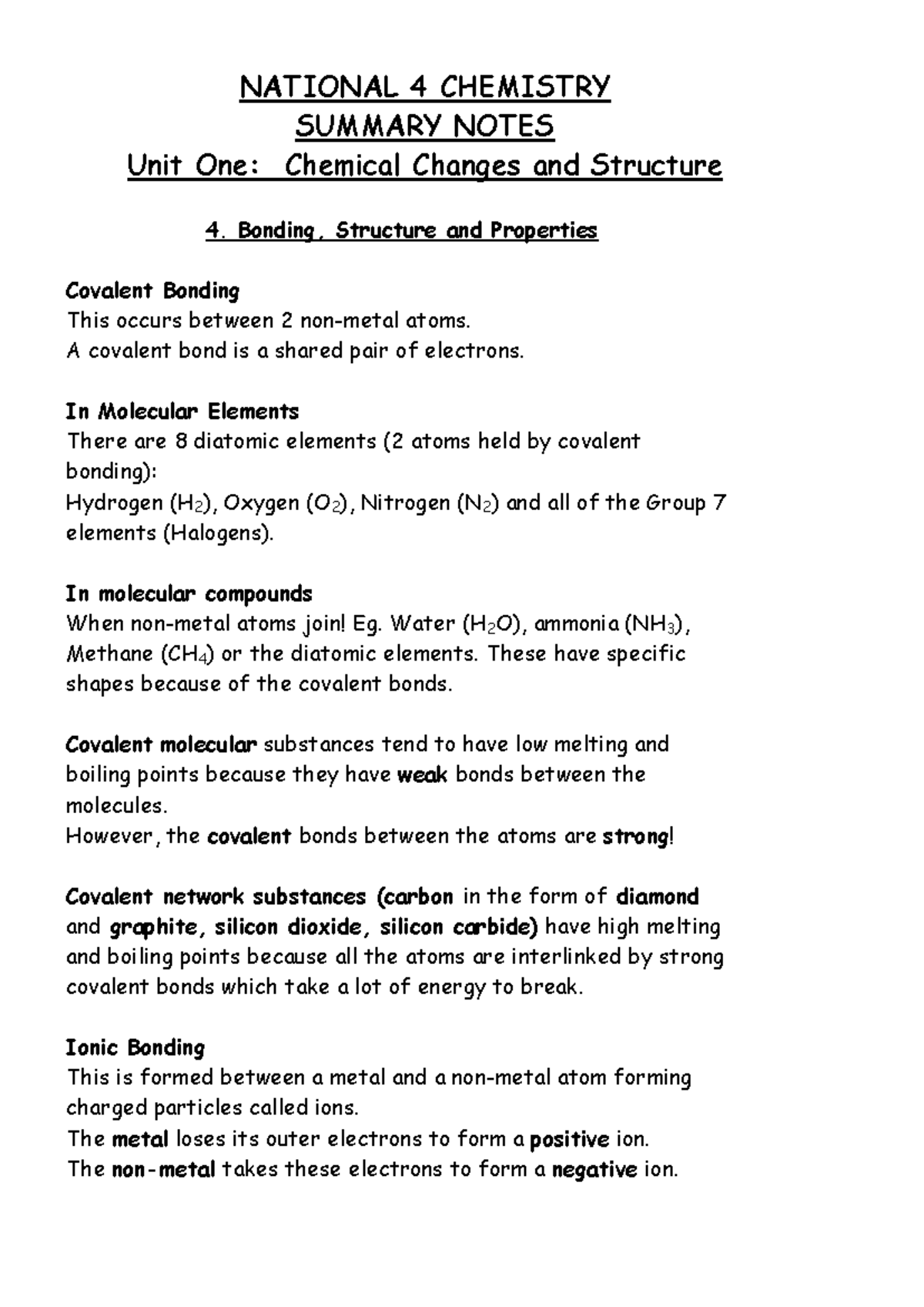 NATIONAL 4 CHEMISTRY SUMMARY NOTES: Unit 1 Bonding & Properties - Studocu