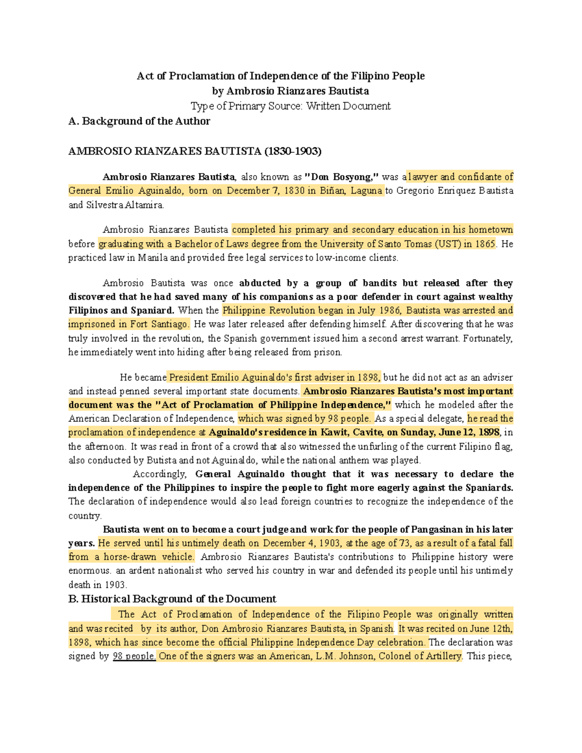 Act of Proclamation of Independence of the Philippines - 1898 - Studocu