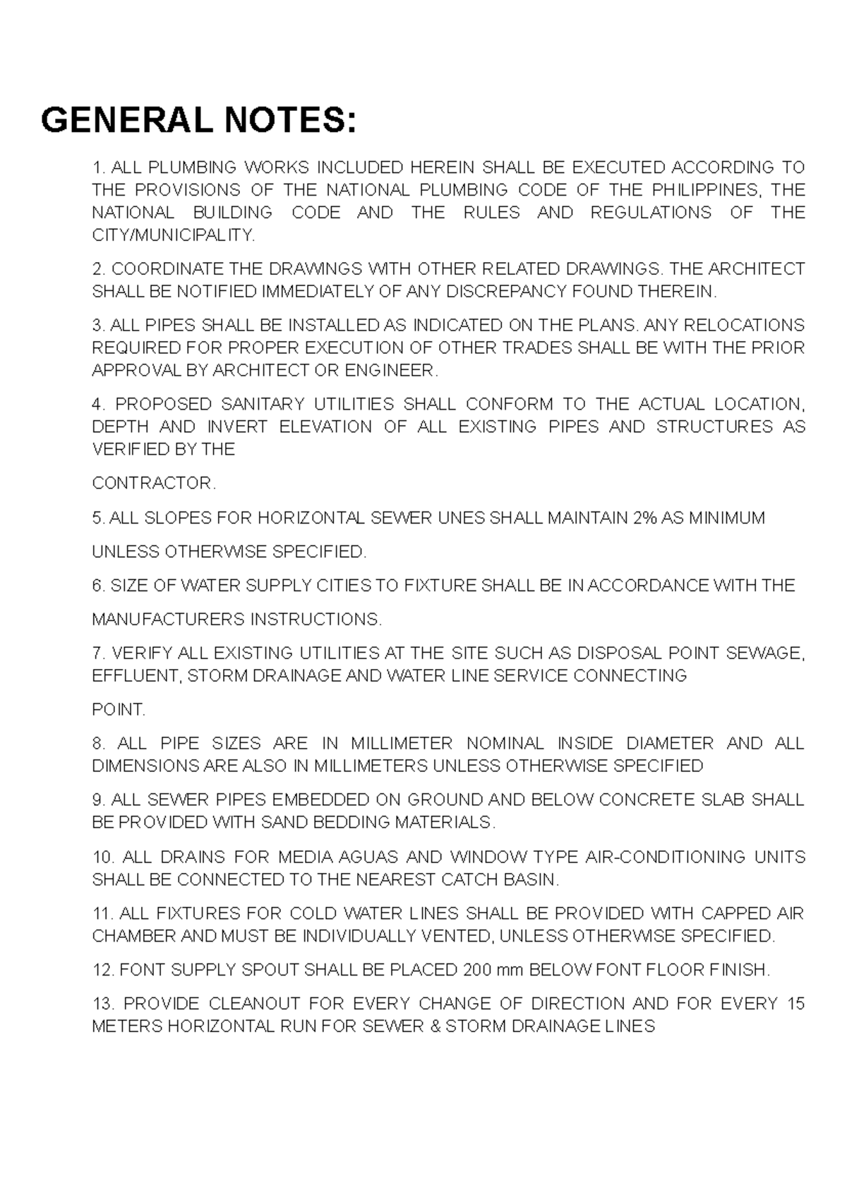 Plumbing General Notes: Compliance with National Codes and Standards ...
