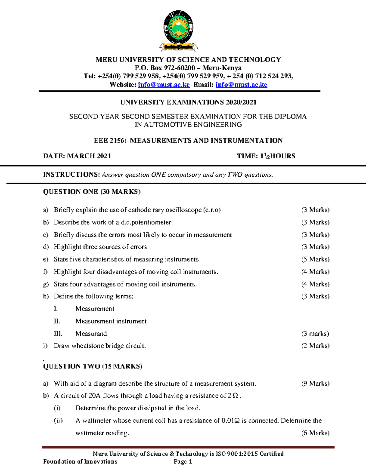 EEE 2156 Final Exam: Measurements and Instrumentation Notes - Studocu