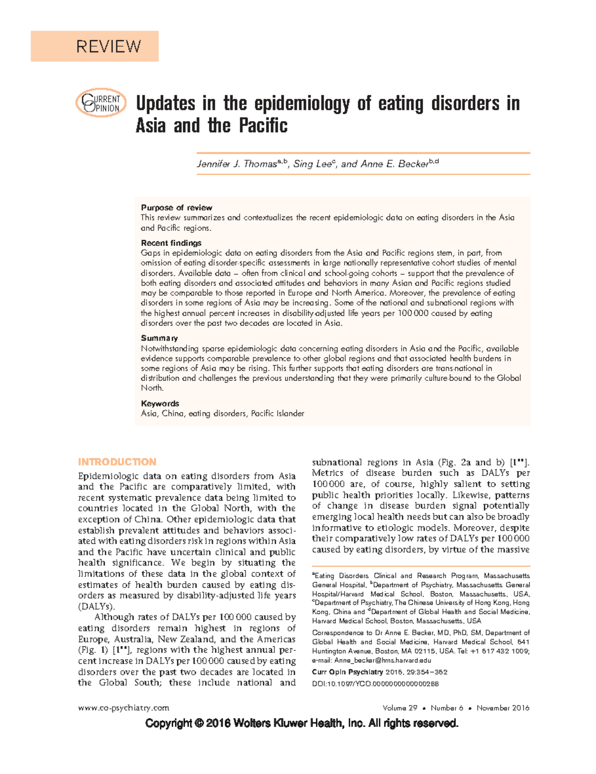Curr Opin Psychiatry 2016: Epidemiology of Eating Disorders in Asia and ...
