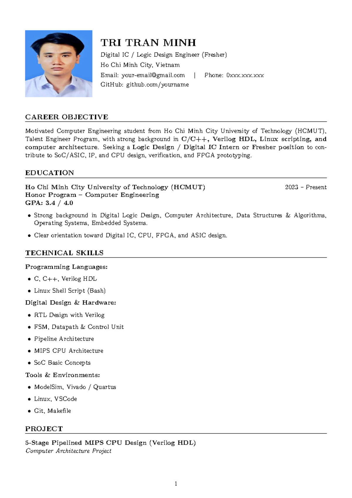 TRI TRAN MINH: Digital IC Logic Design Engineer Resume (11-234) - Studocu