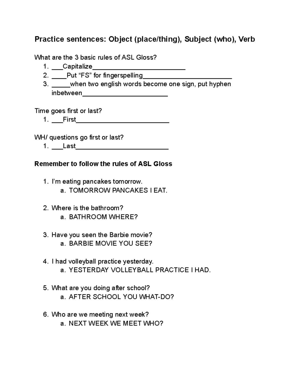 ASL Gloss Practice 2: Basic Rules & Sentence Structure - Studocu