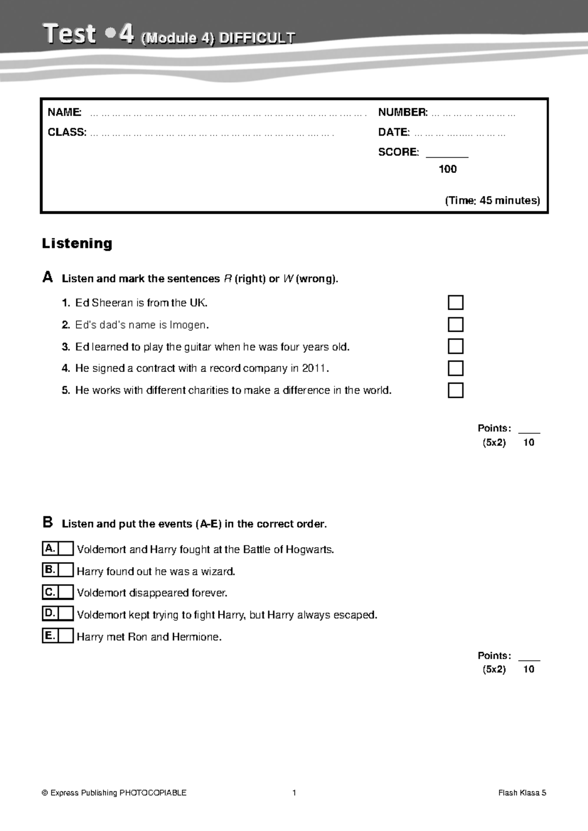 Flash Kl 5 Test (Module 4) Listening, Reading, Grammar & Writing - Studocu